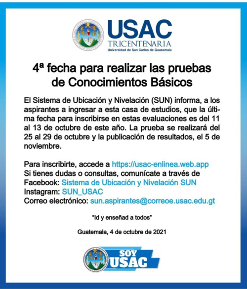 Fechas para cuarta oportunidad de pruebas de admisión a la Usac