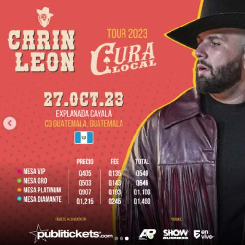 Precios y localidades para concierto de Carin León en Guatemala