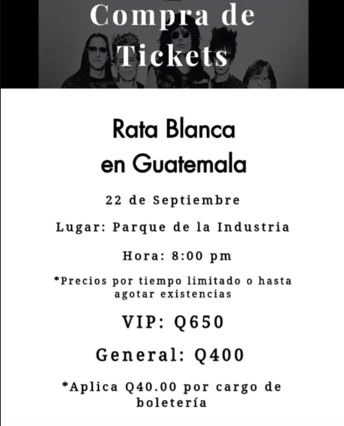 Precios y localidades para concierto de Rata Blanca en Guatemala